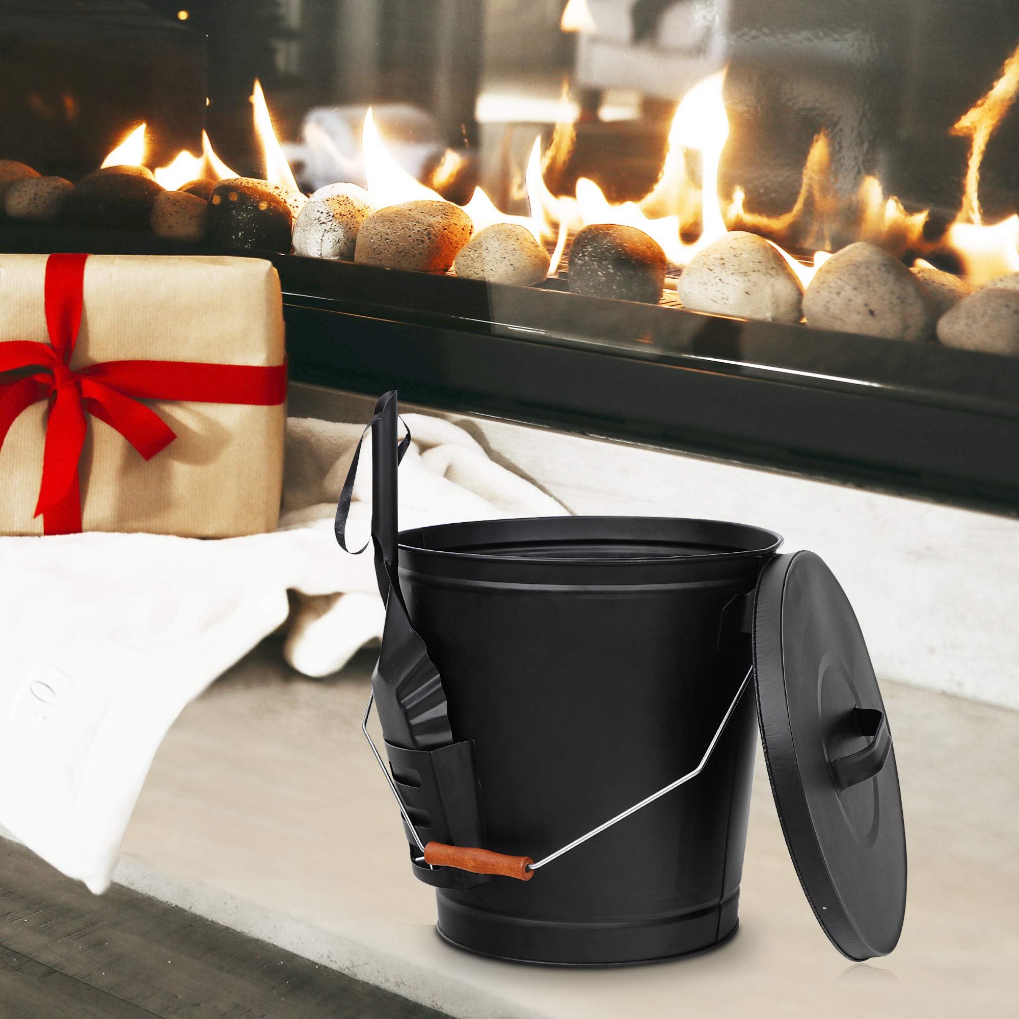 5 Gallon Ash Bucket with Lid and Shovel for Fireplace, Metal Bucket for Fireplace Ashes with Lid and Shovel, Bucket for Wood Burning Stoves, Fireplace Accessories, Wood Stove Accessories