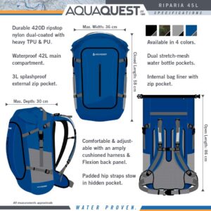 AquaQuest Riparia Waterproof Backpack - Extra Large 45L Roll Top DryBag - Black