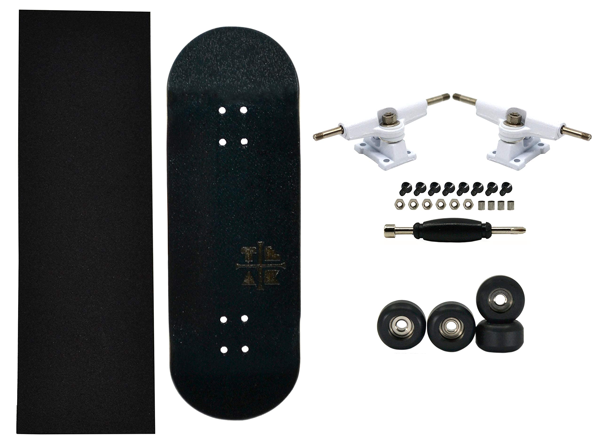 Teak Tuning Prolific Complete Fingerboard - Pro Board Shape and Size, Bearing Wheels, and Trucks - 32mm x 97mm Handmade Wooden Board - The Monochrome Edition