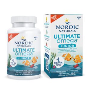 nordic naturals ultimate omega jr., strawberry - 120 mini soft gels - 680 total omega-3s with epa & dha - brain health, mood, learning - non-gmo - 60 servings