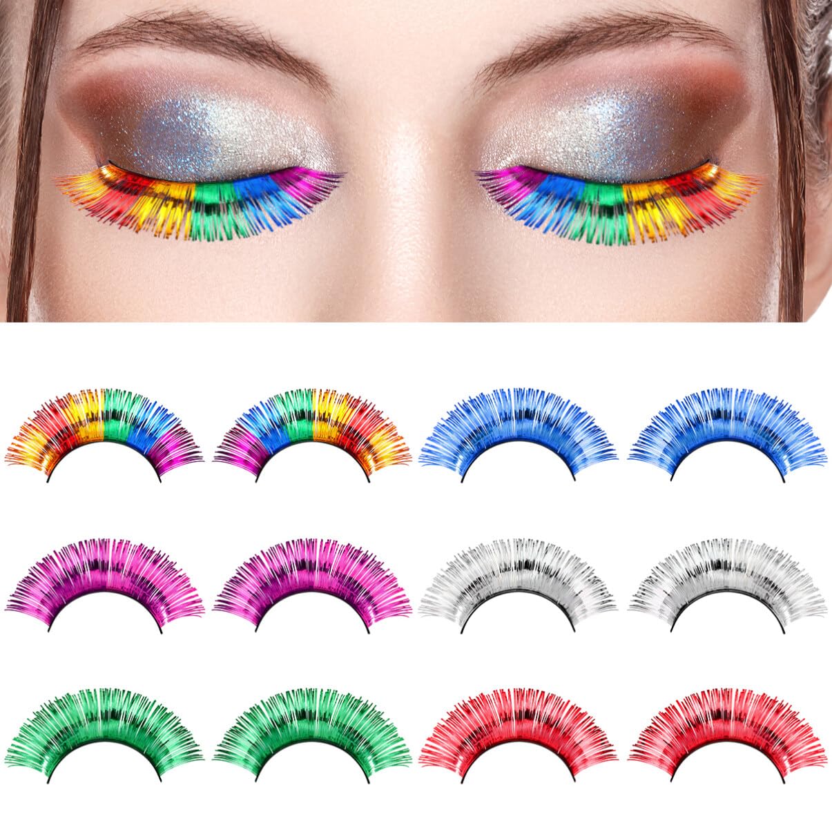 Rainbow Eyelashes 6 Pairs Colorful Tinsel Glitter Lashes Halloween False Lashes Rainbow Accessories For Christmas Circus Dance Dress Cosplay Costumes Supplies