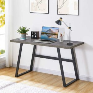 BON AUGURE 55 inch Modern Writing Desk, Rustic Computer Desk for Home Office, Sturdy Simple Wood and Metal Desk, Industrial Work Study Table (Dark Grey Oak)