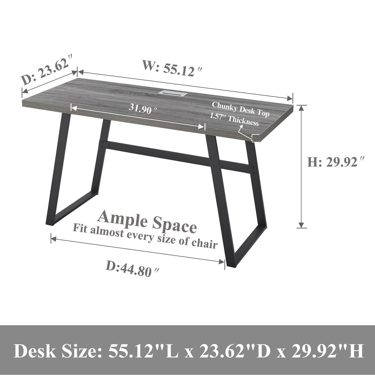 BON AUGURE 55 inch Modern Writing Desk, Rustic Computer Desk for Home Office, Sturdy Simple Wood and Metal Desk, Industrial Work Study Table (Dark Grey Oak)