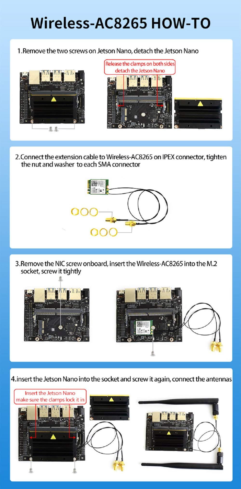 Wireless-AC8265 Dual Mode AC8265 Wireless NIC Module for Jetson Nano Developer Kit B01/A02, Support 2.4GHz/5GHz 300Mbps/867Mbps Dual Band WiFi and Bluetooth 4.2