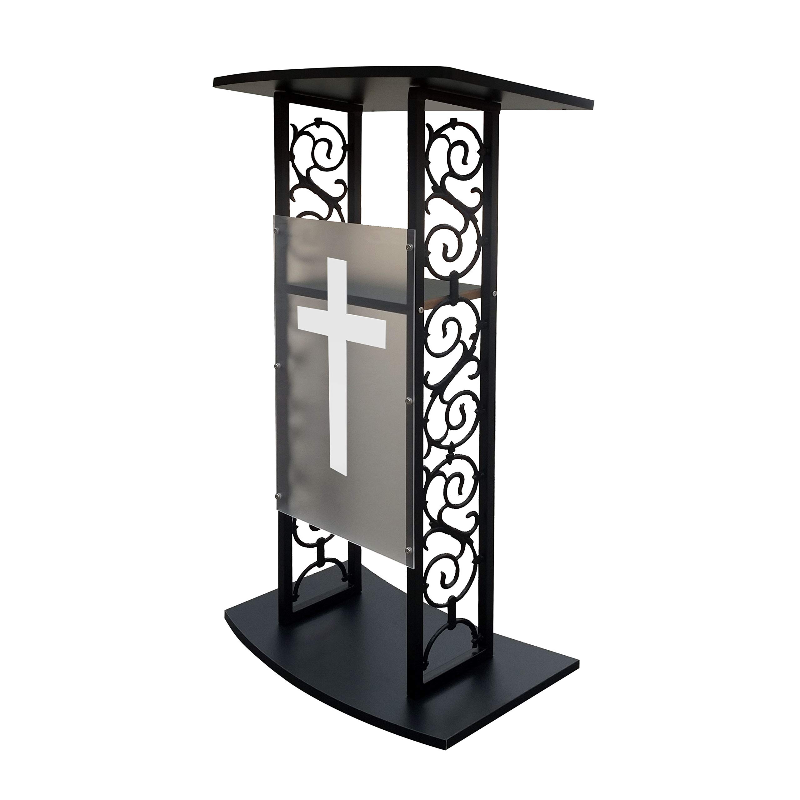 FixtureDisplays® Truss Podium Metal Pulpit Church Podium Conference Pulpit Event Lectern Cup Holder with Optional Install White Christian Cross Decor 18353+1803-CROSS