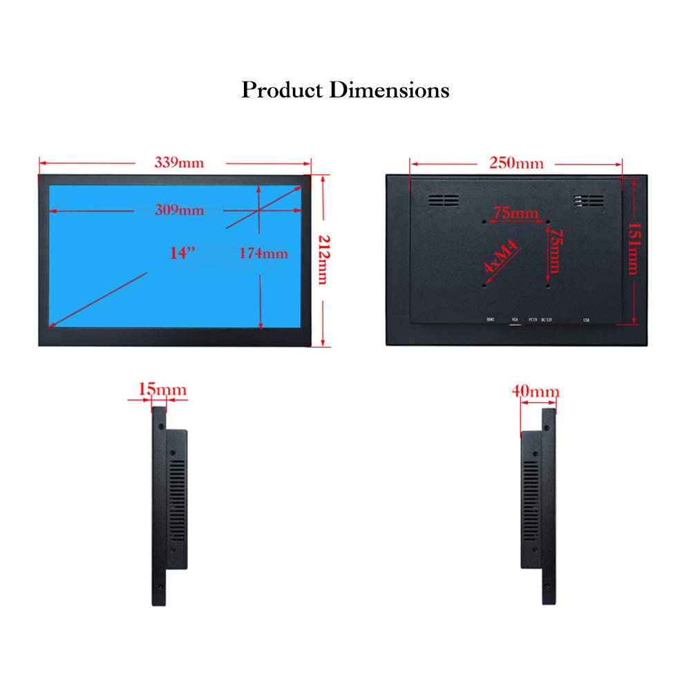 iChawk 14'' inch LCD Display Full View Widescreen 1920x1080p Metal Shell HDMI-in Built-in Speaker Industrial Equipment Compatible VESA Driver Free Ten-Point Capacitive Touch Screen Monitor W140MT-25C