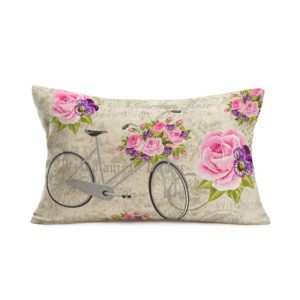 vintage rustic garden rose background with bike bicycle decorative pillow covers 12 x 20 inch cotton linen french style throw pillow case home couch sofa decorative rectangle cushion cover (bikeh)