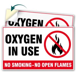 (2 pack) oxygen in use no smoking no open flames decal sign - 5"l x 3"w - self-adhesive 4 mil vinyl decal - indoor and outdoor use - 21157h2-vl-2