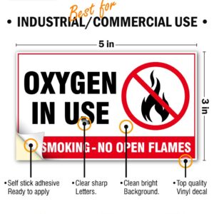 (2 Pack) Oxygen in Use No Smoking No Open Flames Decal Sign - 5"L x 3"W - Self-Adhesive 4 Mil Vinyl Decal - Indoor and Outdoor Use - 21157H2-VL-2