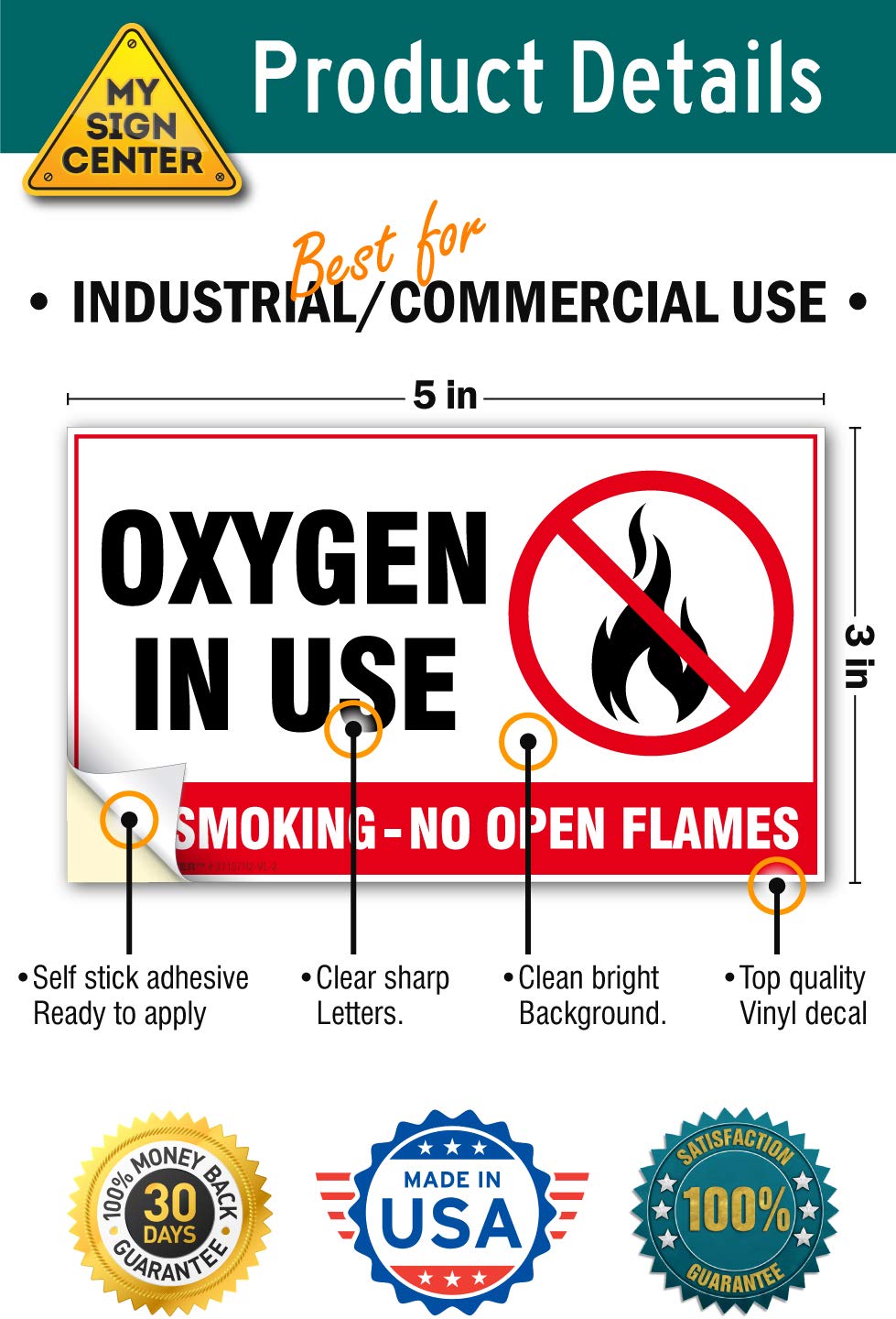 (2 Pack) Oxygen in Use No Smoking No Open Flames Decal Sign - 5"L x 3"W - Self-Adhesive 4 Mil Vinyl Decal - Indoor and Outdoor Use - 21157H2-VL-2