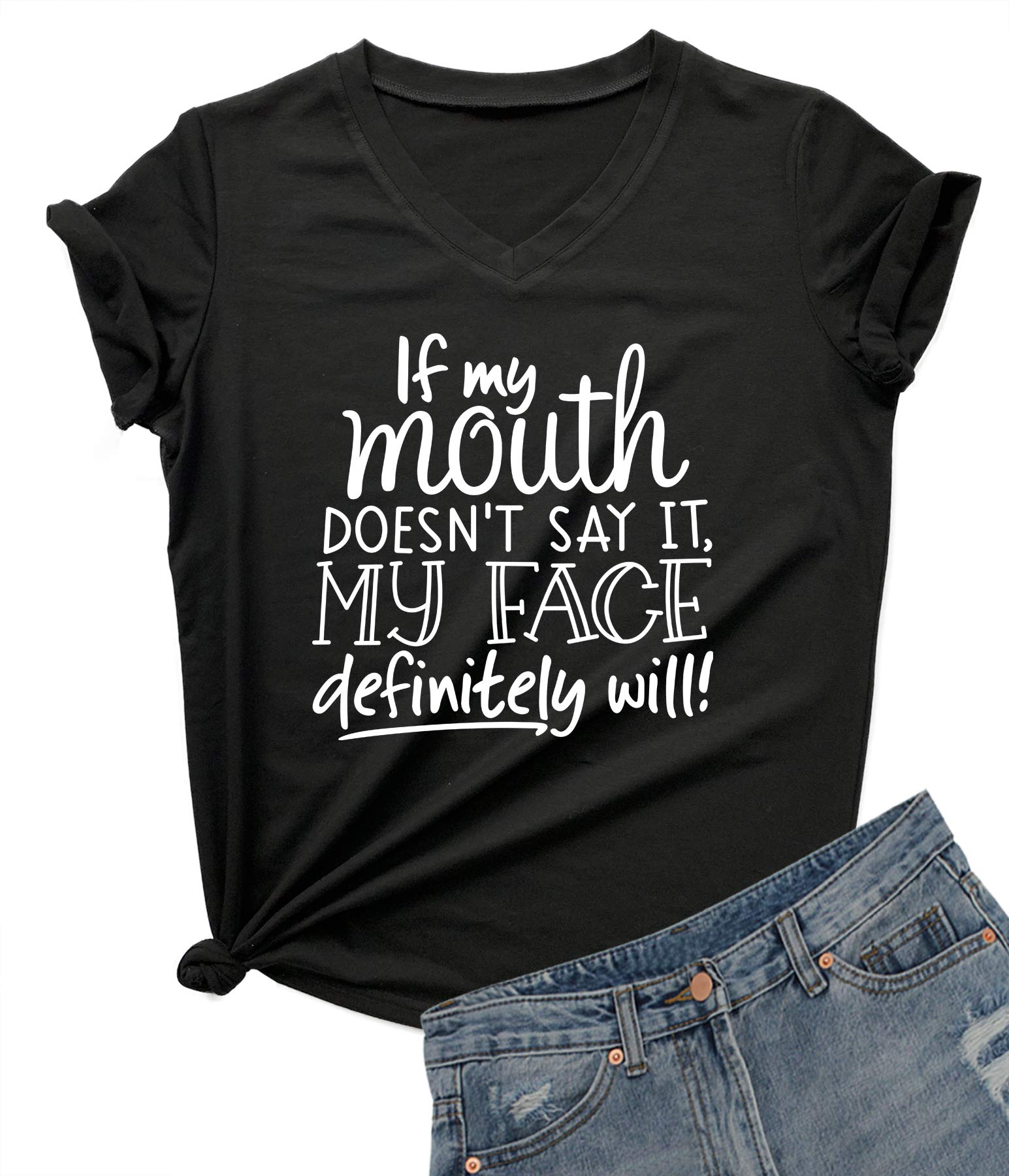 DANVOUY Womens V-Neck If My Mouth Doesn't Say It My Face Definitely Will T Shirt Black XX-Large