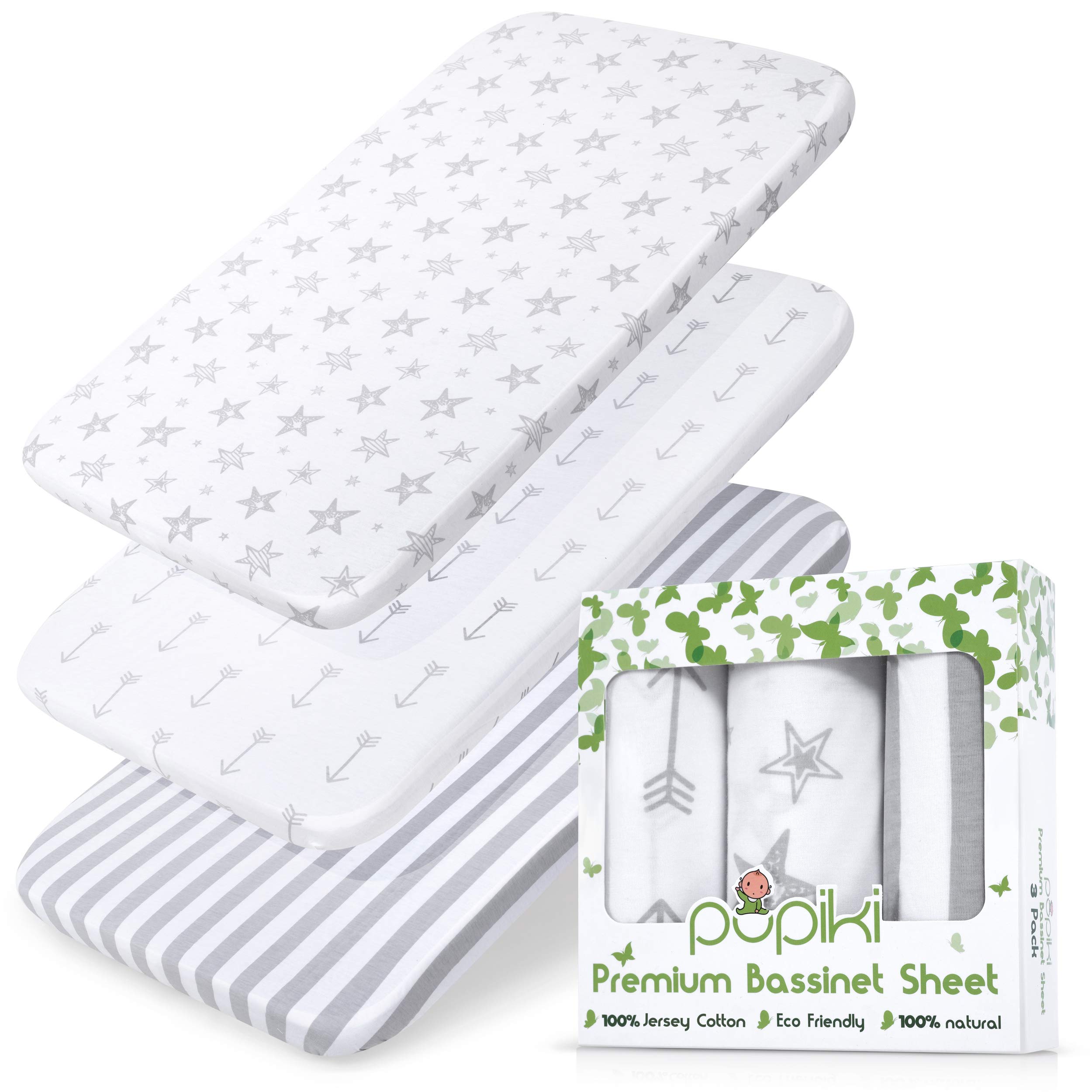 Premium Bassinet Sheets 3 Pack Set 100% Jersey Cotton Baby Sheets for Boys and Girls, Bassinet Sheet Oval Fitted, Cradle Sheets, Bassinet Mattress Sheets