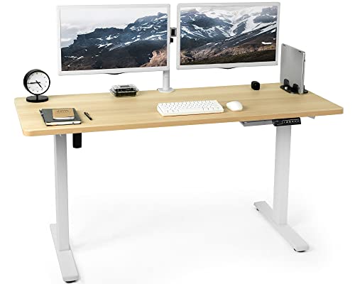 VIVO Electric Height Adjustable 60 x 24 inch Memory Stand Up Desk, Light Wood Solid One-Piece Table Top, White Frame, Standing Workstation with Preset Controller, 1B Series, DESK-KIT-1W6C