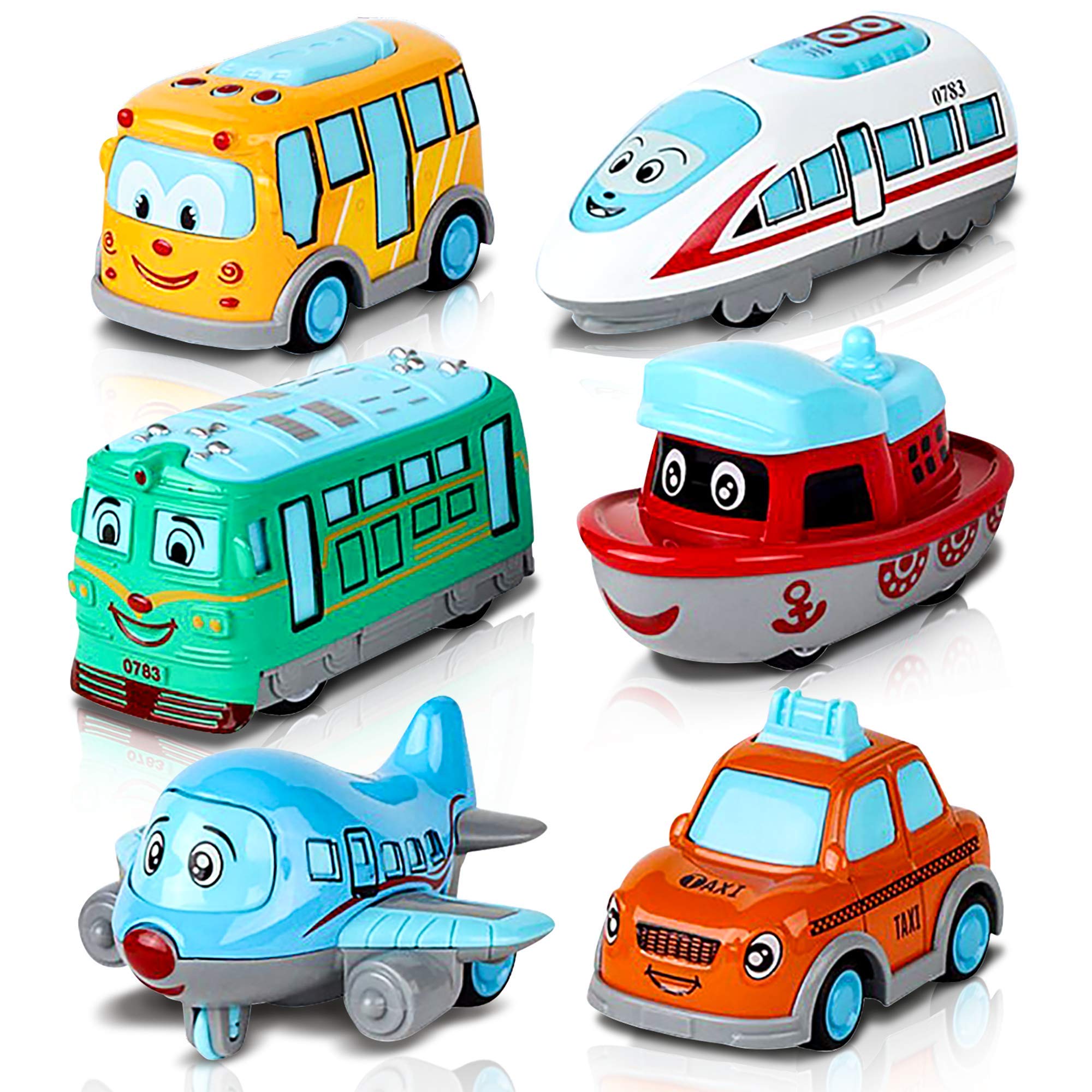 ArtCreativity Metal Cartoon Car Set - Set of 6 Mini Pullback Toy Cars - Pullback Train, Bus, Taxi, Tram, Plane and Ship - Party Favors, Best Birthday Gift for Boys, Girls, Toddlers