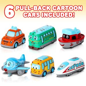 ArtCreativity Metal Cartoon Car Set - Set of 6 Mini Pullback Toy Cars - Pullback Train, Bus, Taxi, Tram, Plane and Ship - Party Favors, Best Birthday Gift for Boys, Girls, Toddlers