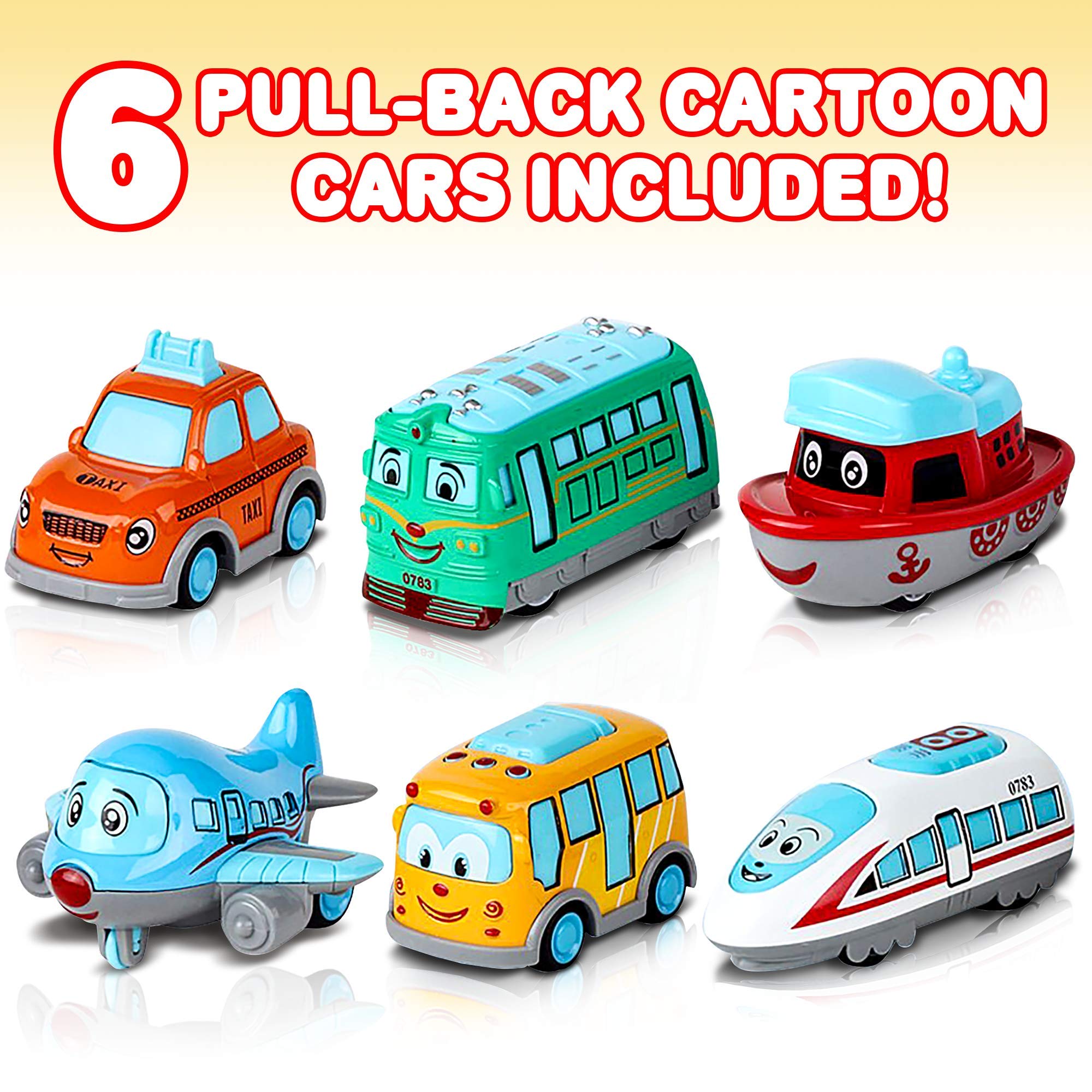 ArtCreativity Metal Cartoon Car Set - Set of 6 Mini Pullback Toy Cars - Pullback Train, Bus, Taxi, Tram, Plane and Ship - Party Favors, Best Birthday Gift for Boys, Girls, Toddlers