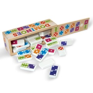 melissa & doug dominoes tabletop game with 28 colorful tiles in wooden storage box