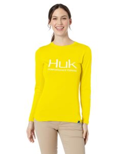 huk women's icon x long sleeve fishing shirt with sun protection, blaze yellow, large