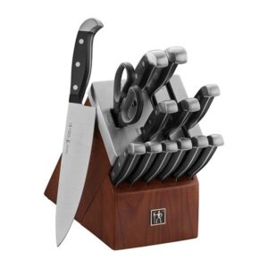 henckels statement 14-piece self-sharpening knife set with block, chef knife, paring knife, bread knife, steak knife set, dark brown, stainless steel