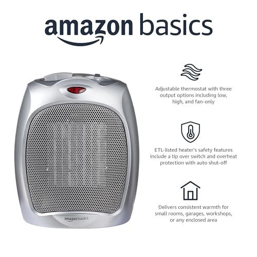 Amazon Basics 1500W Ceramic Personal Heater with Adjustable Thermostat, Silver