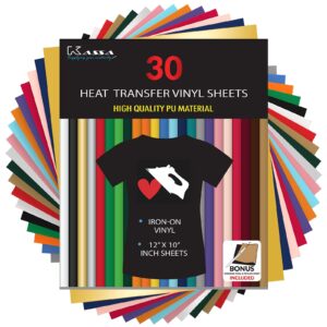 kassa 30-piece heat transfer vinyl sheets | 23 colors in 12" x 10", teflon sheet & weeding tool included | compatible with all cutting machines | ideal for pressing on t-shirts, clothing & textiles