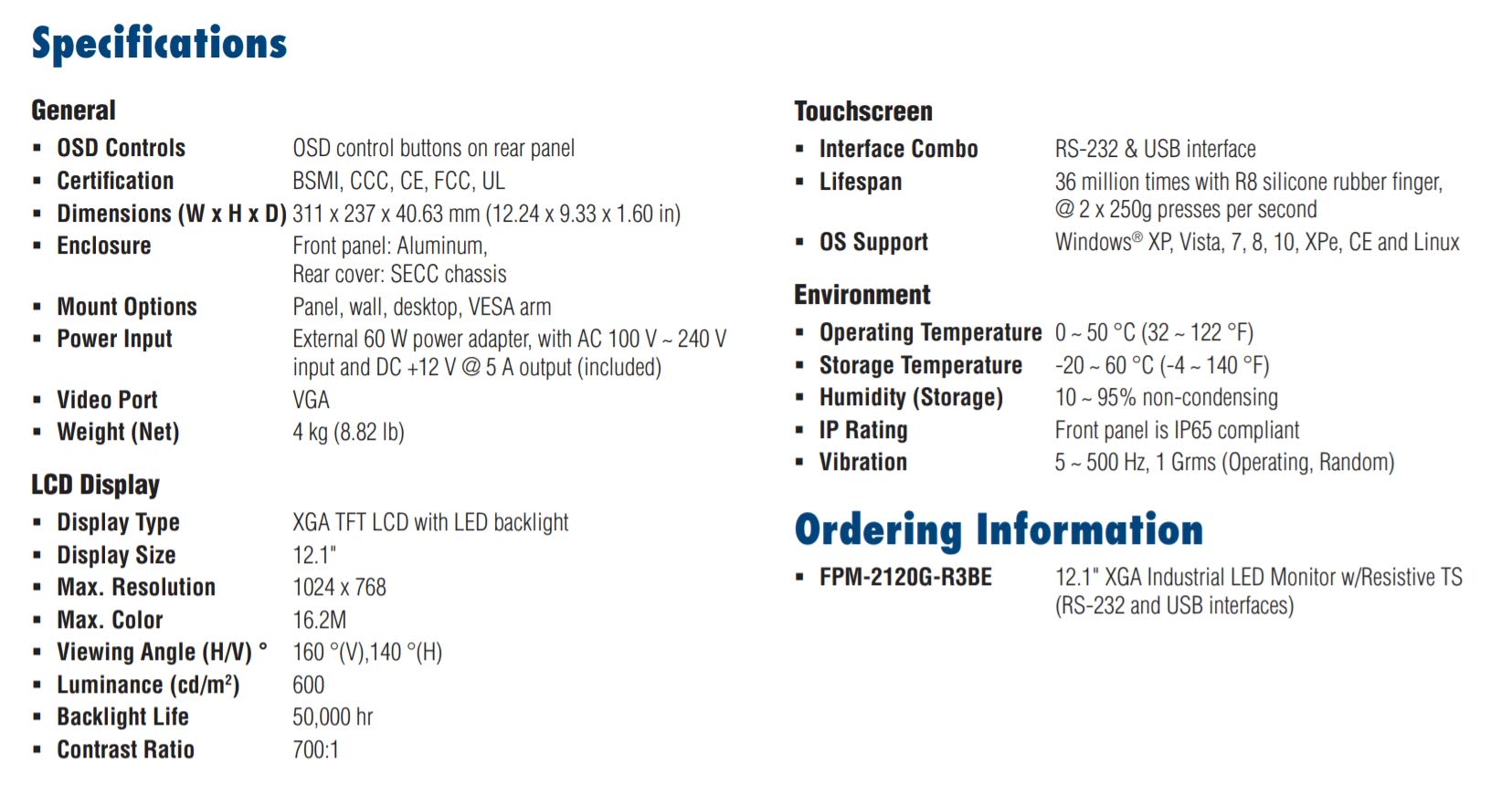 (DMC Taiwan) 12''SVGA Industrial Monitor with Resistive Touchscreen and Direct-VGA Port