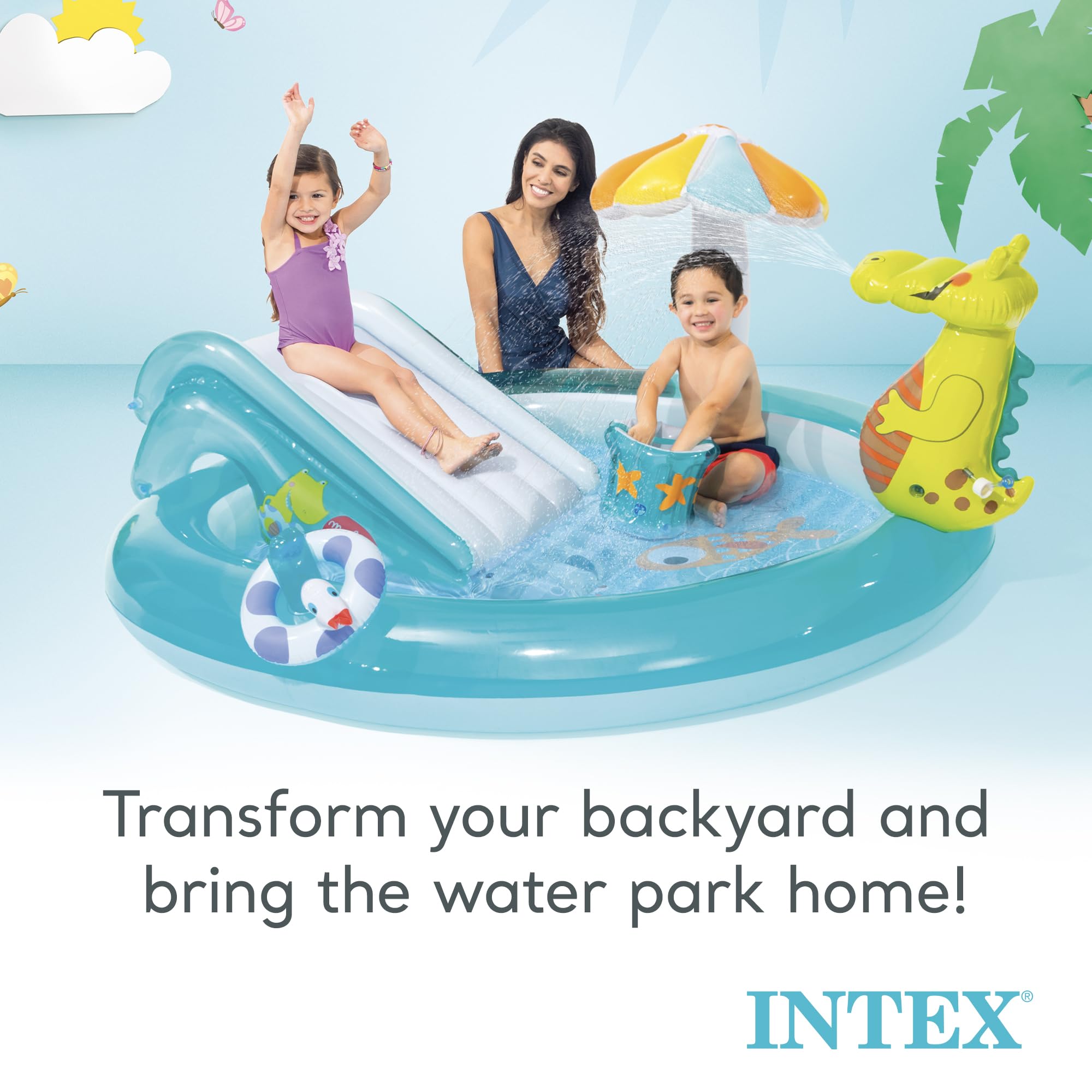 Intex Gator 6.6' x 5.6' x 4" Outdoor Inflatable Kiddie Pool Water Play Swim Center