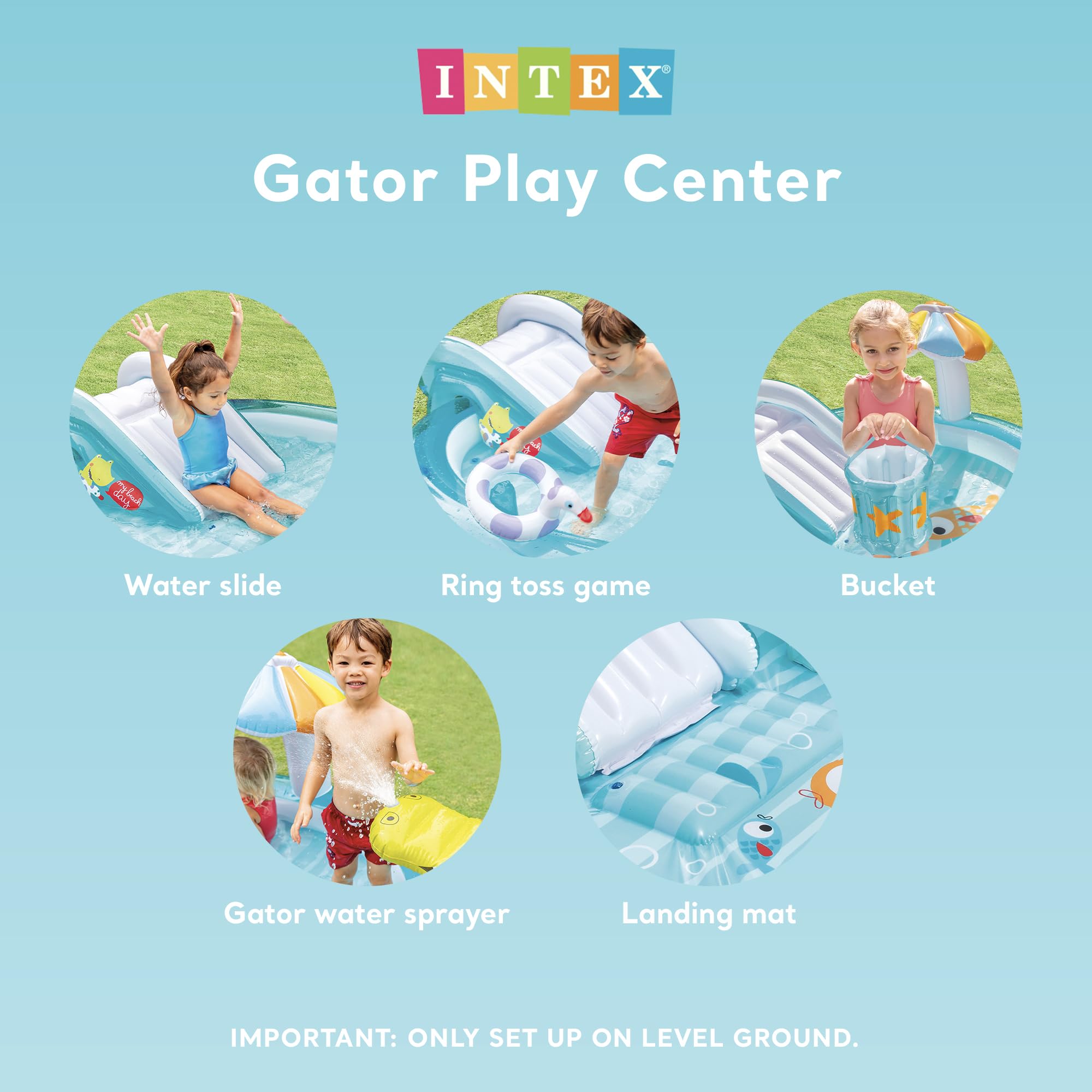 Intex Gator 6.6' x 5.6' x 4" Outdoor Inflatable Kiddie Pool Water Play Swim Center