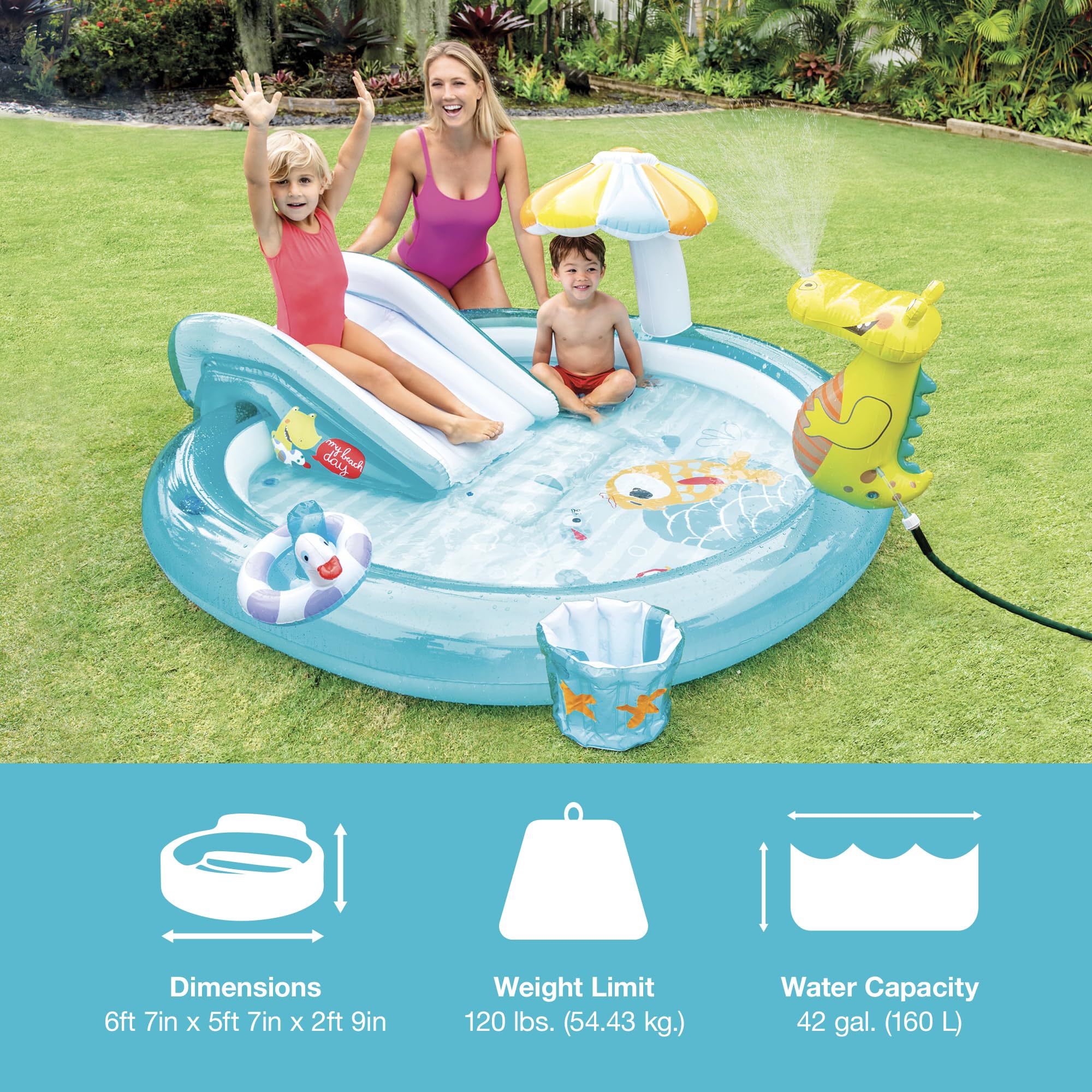 Intex Gator 6.6' x 5.6' x 4" Outdoor Inflatable Kiddie Pool Water Play Swim Center