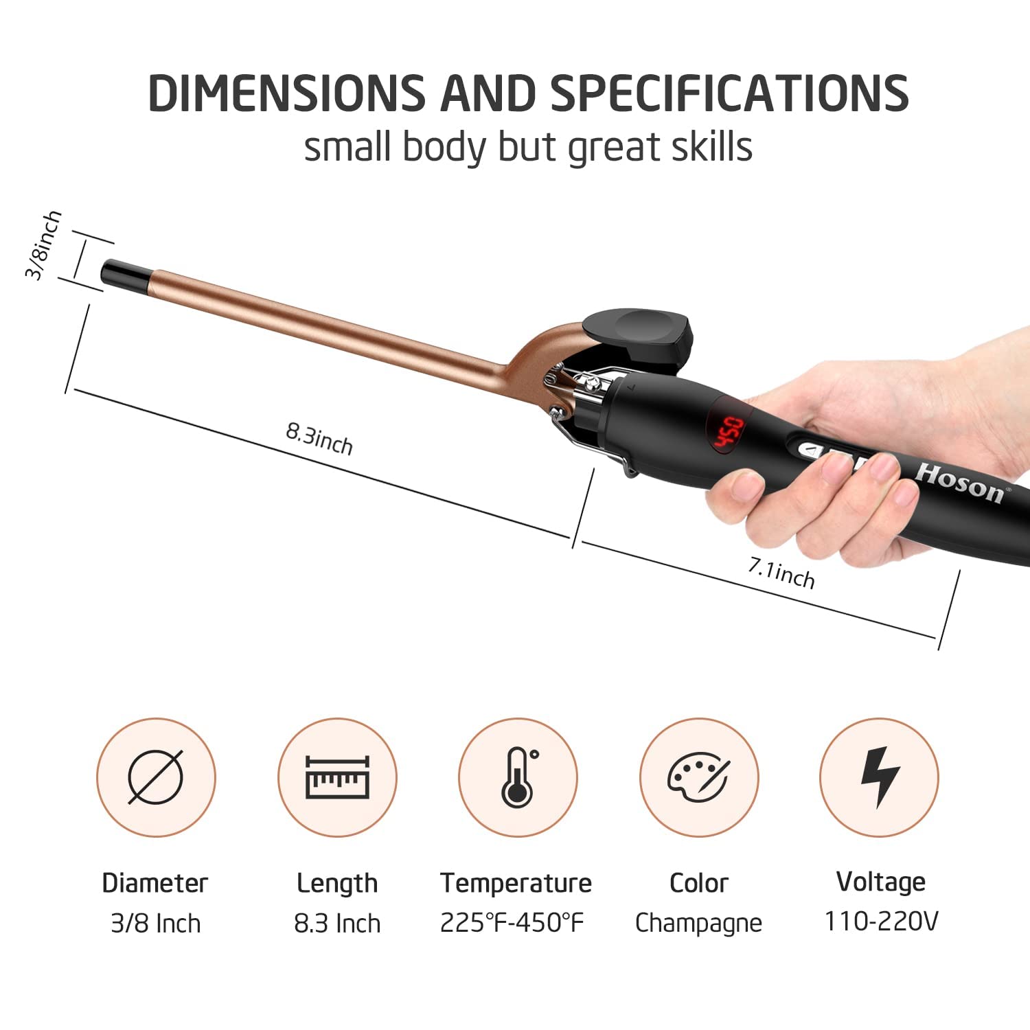 9mm Thin Curling Iron Ceramic, 3/8 Inch Small Barrel Curling Wand for Long & Short Hair, LCD Display with 9 Heat Setting Include Glove(Golden)