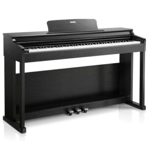 donner ddp-100 88-key weighted action digital piano for beginner bundle with piano keyboard stand, power adapter, triple pedals, mp3 function, usb-midi, 2 headphone jacks black