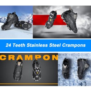 Wirezoll Ice Cleats, Crampons for Hiking Boots and Snow Shoes Climbing Spikes Grippers for Traction with Chains for Men Women 24 Teeth Black,L