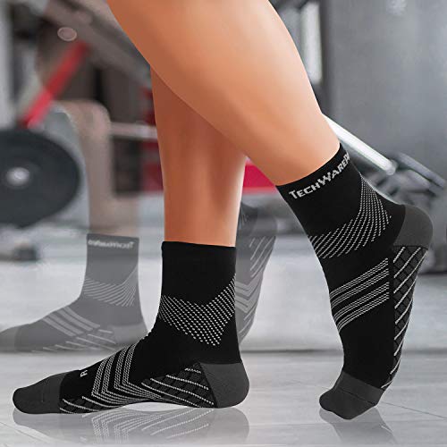 TechWare Pro Compression Socks - Therapy Grade Plantar Fasciitis Sock with Targeted Cushion & Ankle Compression Socks for Men & Women. Arch, Ankle & Foot Support Socks. Blk/Gry Large