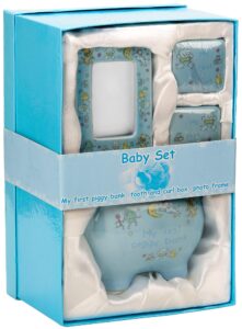 brubaker my first piggy bank gift set for baby boy - 4 pcs keepsake gift set includes piggy bank, first curl, first tooth and photo frame - blue