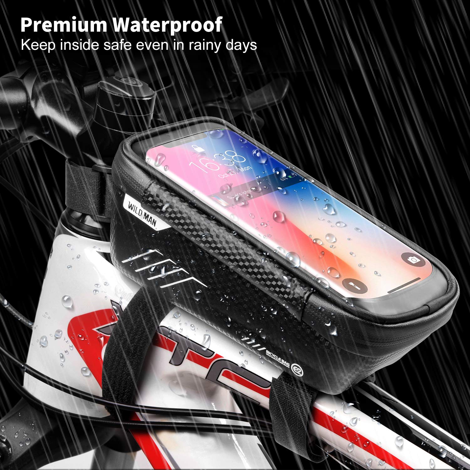 WILD MAN Bike Phone Mount Bag, Bike Accessories, Waterproof Bike Phone Holder, Mountain Bike Accessories for Adult Bikes with 3D Hard EVA, TPU Touch Screen for Phones Under 6.5”