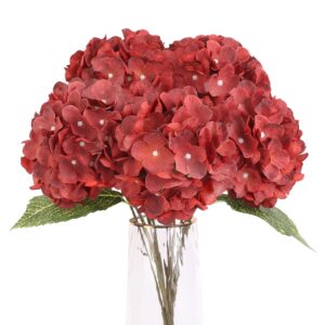 louiesya artificial flowers silk hydrangea flowers with 5 big heads fake flower bunch bouquet for home wedding party decor diy (dark red, 5 flower heads)