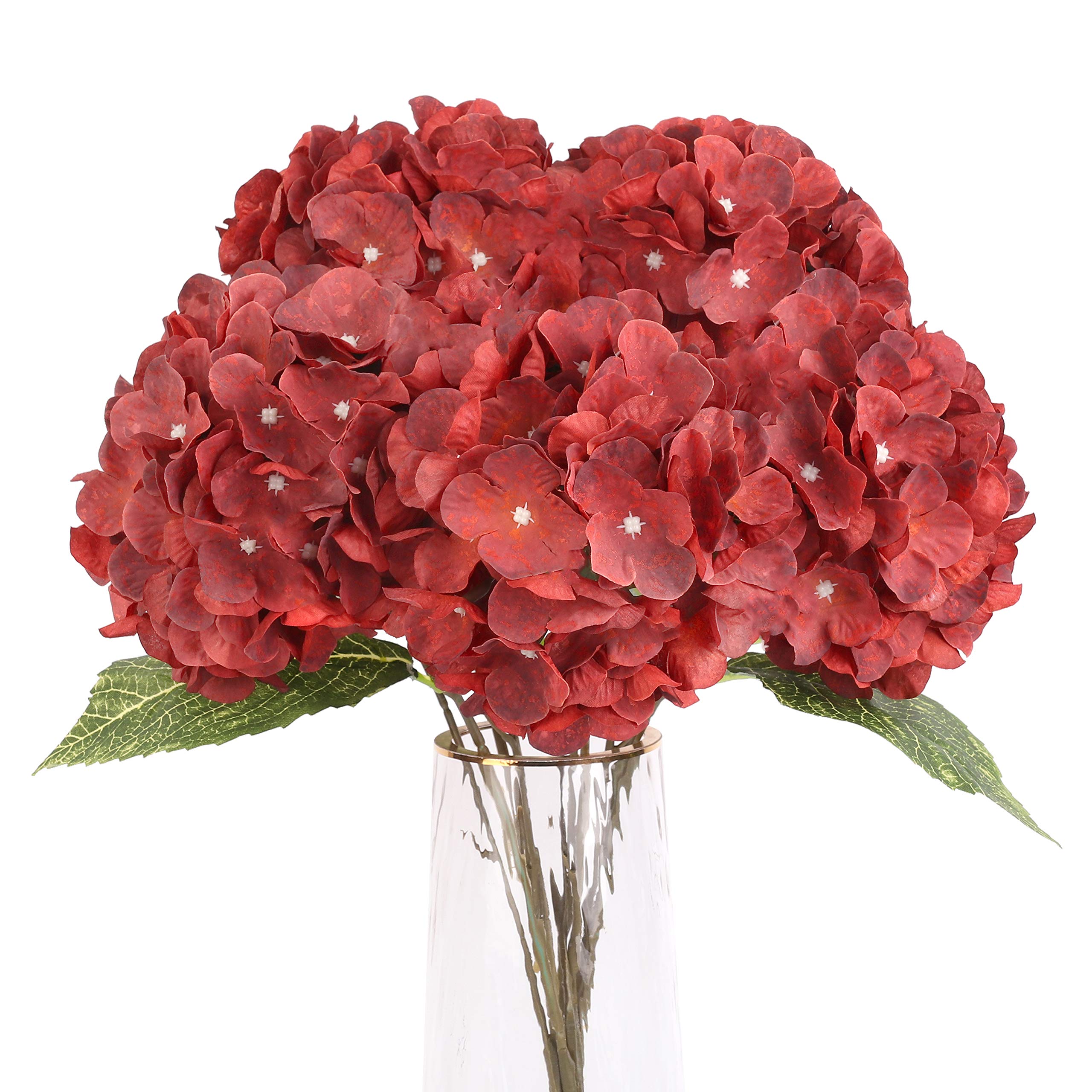 Louiesya Artificial Flowers Silk Hydrangea Flowers with 5 Big Heads Fake Flower Bunch Bouquet for Home Wedding Party Decor DIY (Dark Red, 5 Flower Heads)