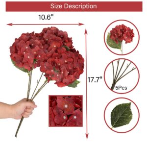 Louiesya Artificial Flowers Silk Hydrangea Flowers with 5 Big Heads Fake Flower Bunch Bouquet for Home Wedding Party Decor DIY (Dark Red, 5 Flower Heads)