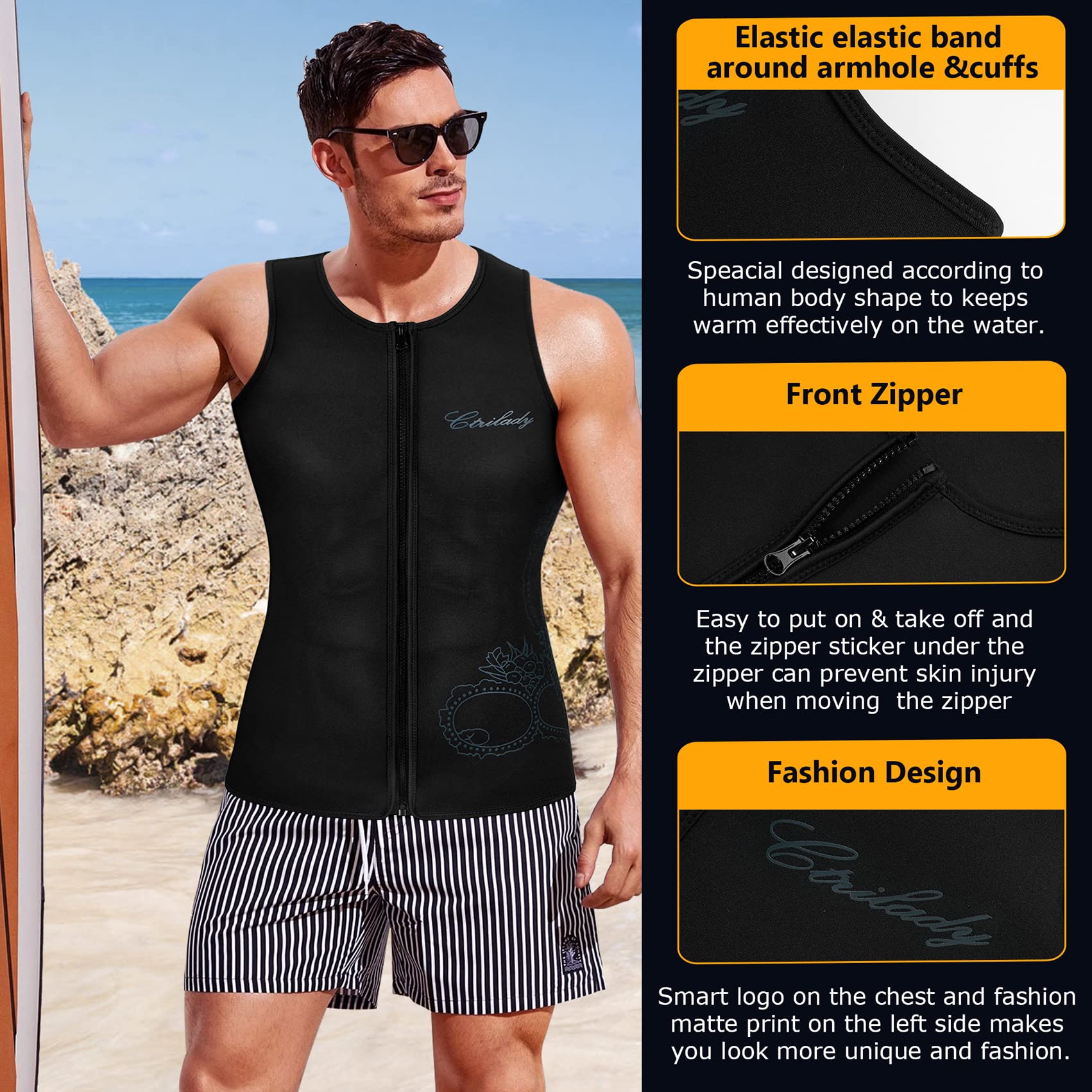 Ctrilady Men’s Wetsuit Top Neoprene Vest with Front Zipper, UV Protection, Sleeveless Workout Top for Swimming, Diving, Surfing and Canoeing (Black, XL)