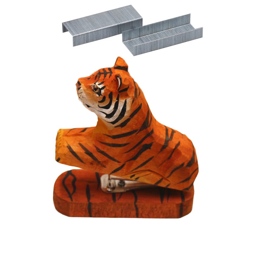 Booluee Vivid Handmade Wood Carving Cartoon Animal Mini Desktop Stapler with 1000 Pcs No.12 Staples for Office School Stationery Gift for Children (Tiger)