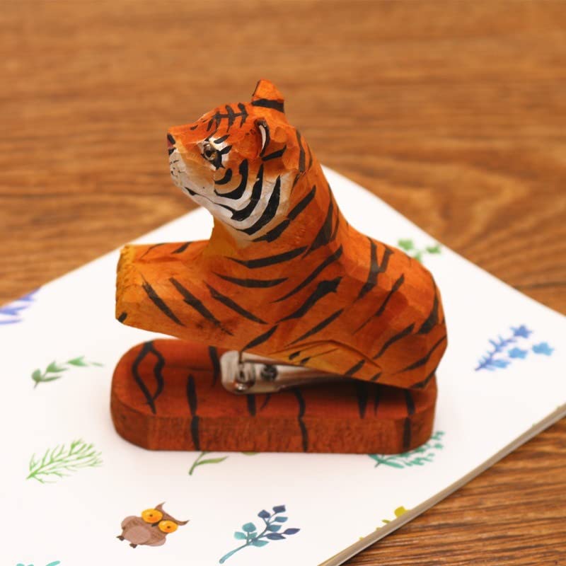 Booluee Vivid Handmade Wood Carving Cartoon Animal Mini Desktop Stapler with 1000 Pcs No.12 Staples for Office School Stationery Gift for Children (Tiger)