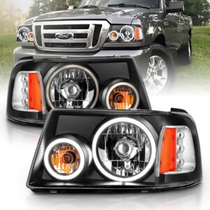 amerilite 1pc black replacement headlights corner dual led halo set for 01-11 ford ranger - passenger and driver side