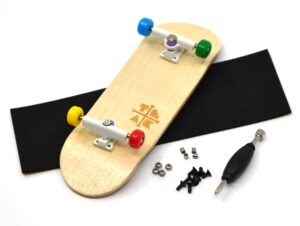 teak tuning prolific complete fingerboard with upgraded components - pro board shape and size, bearing wheels, trucks, and locknuts - 32mm x 97mm handmade wooden board - everything is awesome edition