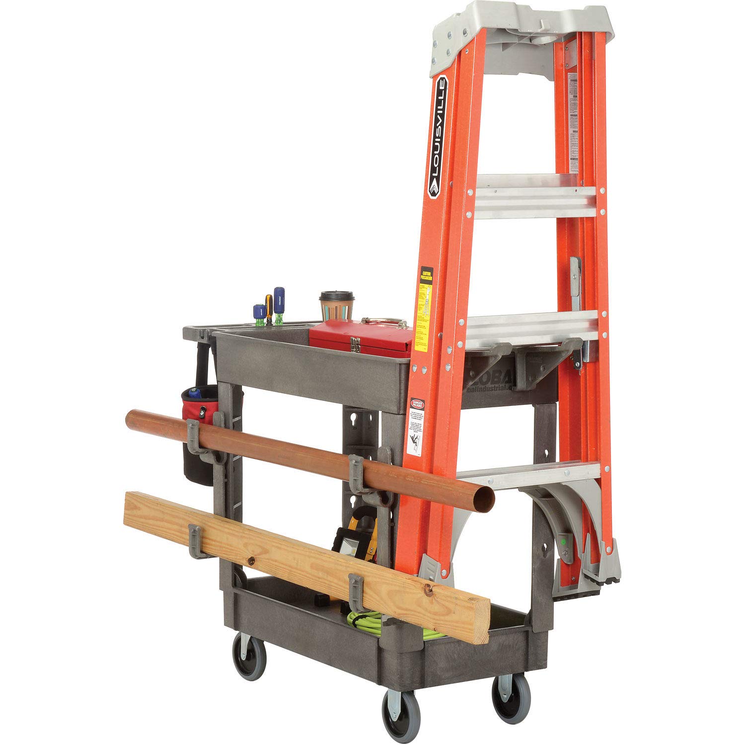 Global Industrial Plastic 2 Shelf Service Cart with Ladder Holder and Utility Hooks, 38" L x 17-1/2"W x 32-1/2"H