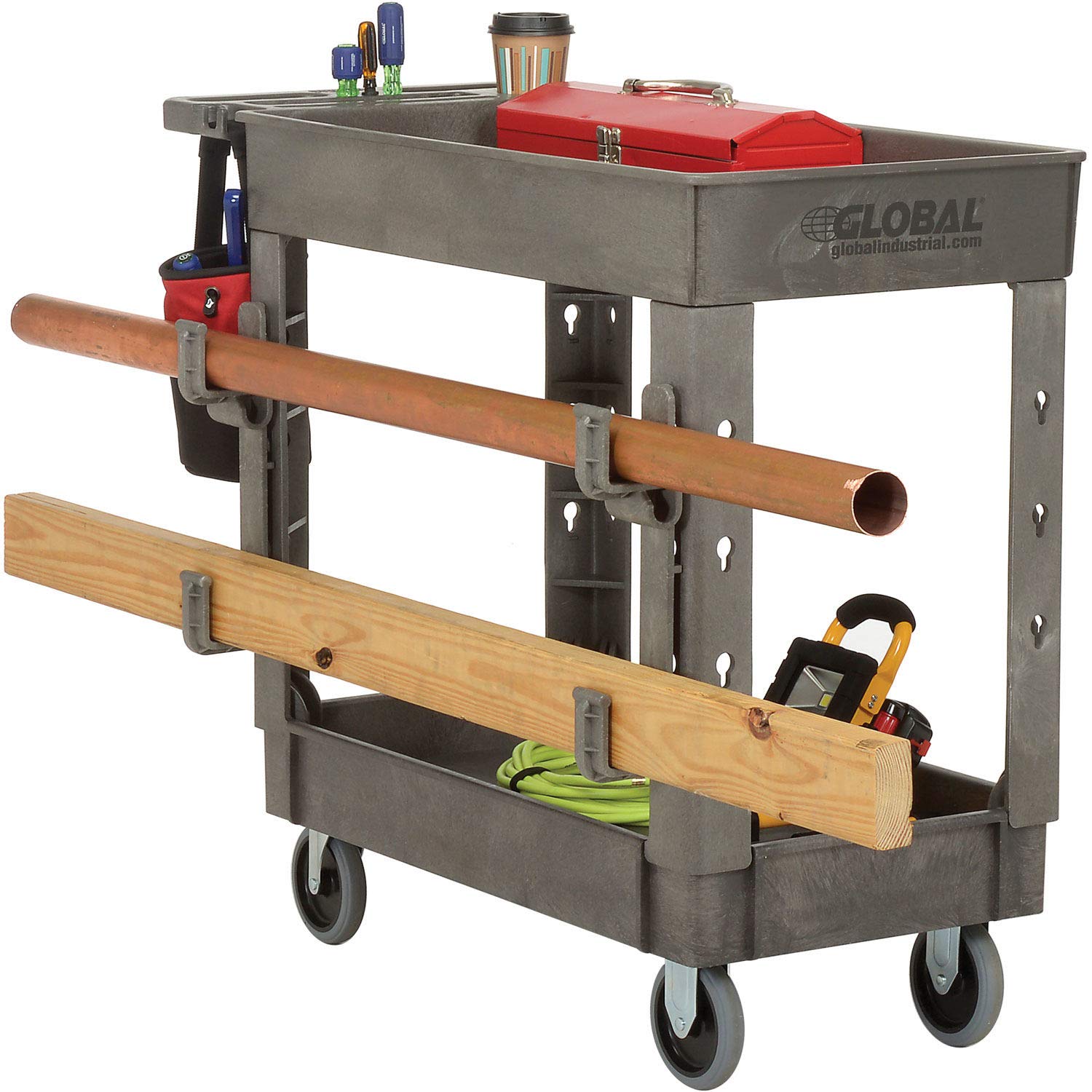 Global Industrial Plastic 2 Shelf Service Cart with Ladder Holder and Utility Hooks, 38" L x 17-1/2"W x 32-1/2"H