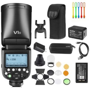 godox v1-o ttl flash speedlite 76ws gn92 2.4g high-speed sync 1/8000s 2600mah li-ion battery round head camera speedlight with godox ak-r1 accessories kit compatible for olympus panasonic cameras