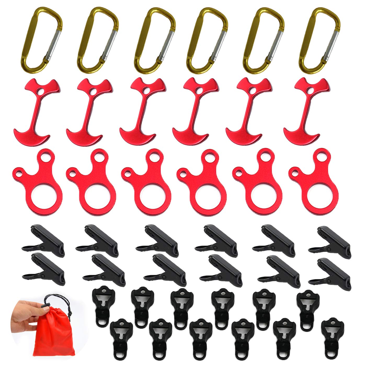 BSGB 43PCS Aluminum Alloy Fish Bone Anchor Deck Plank Board Tent Stakes D Carabiner Wind Rope Buckle 3 Hole Guyline Adjuster Tent Cord Rope Tensioner Alligator Camping Tent Awning Tarp (Red, Normal)