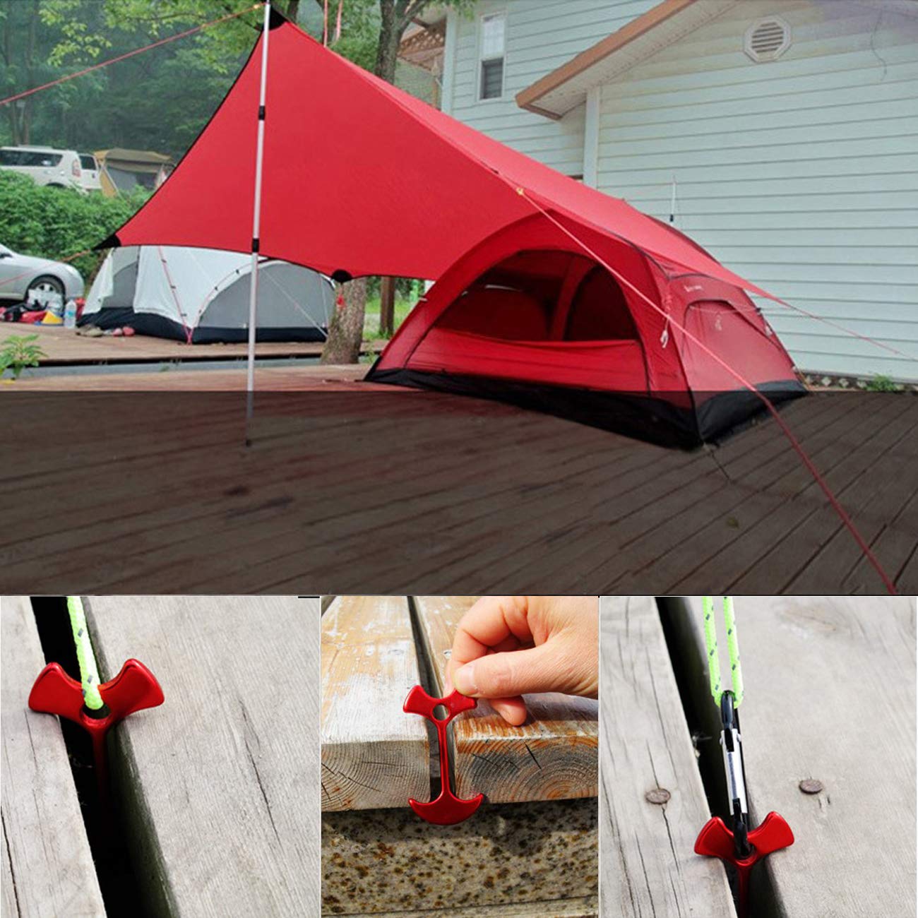 BSGB 43PCS Aluminum Alloy Fish Bone Anchor Deck Plank Board Tent Stakes D Carabiner Wind Rope Buckle 3 Hole Guyline Adjuster Tent Cord Rope Tensioner Alligator Camping Tent Awning Tarp (Red, Normal)