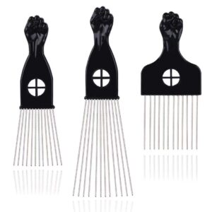 leaduway 3 pcs hair pick, metal picks for afro hair, hair picks for women and men, afro combs, fist pick for hair, hair comb for hair styling black