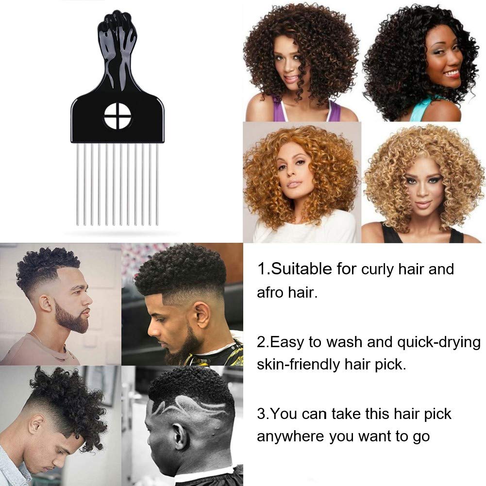 LEADUWAY 3 Pcs Hair Pick, Metal Picks for Afro Hair, Hair Picks for Women and Men, Afro Combs, Fist Pick for Hair, Hair Comb for Hair Styling Black